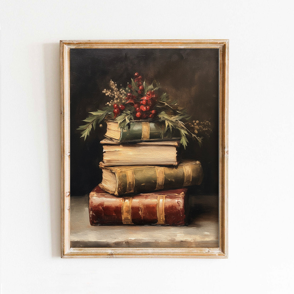 Muted Victorian Christmas Books With Holly Art Print – Paper House ...