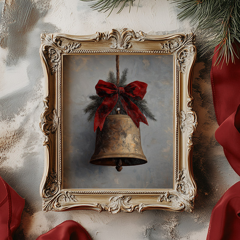 Single Gold Bell With Red Bow Art Print – Paper House Print Shop