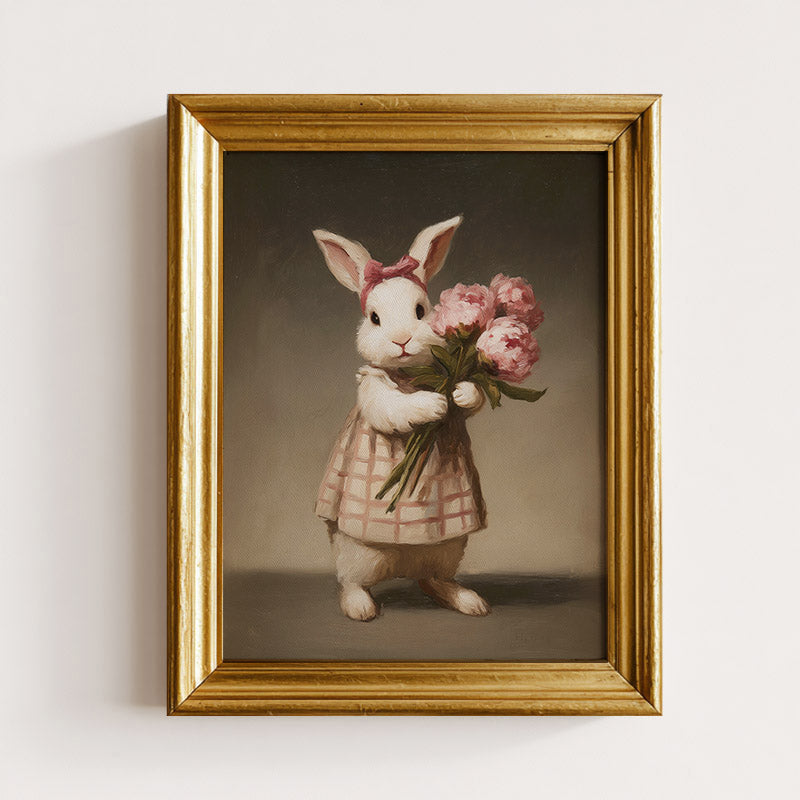 Prairie Bunny Holding Bouquet Of Peonies Art Print – Paper House Print Shop