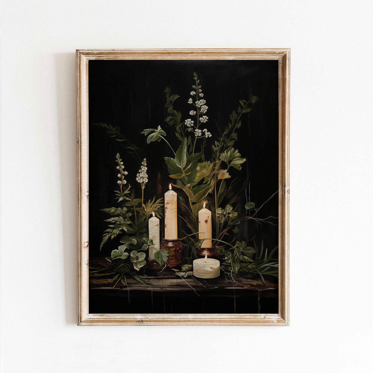 Moody Candles & Forest Greenery Against Black Art Print – Paper House ...